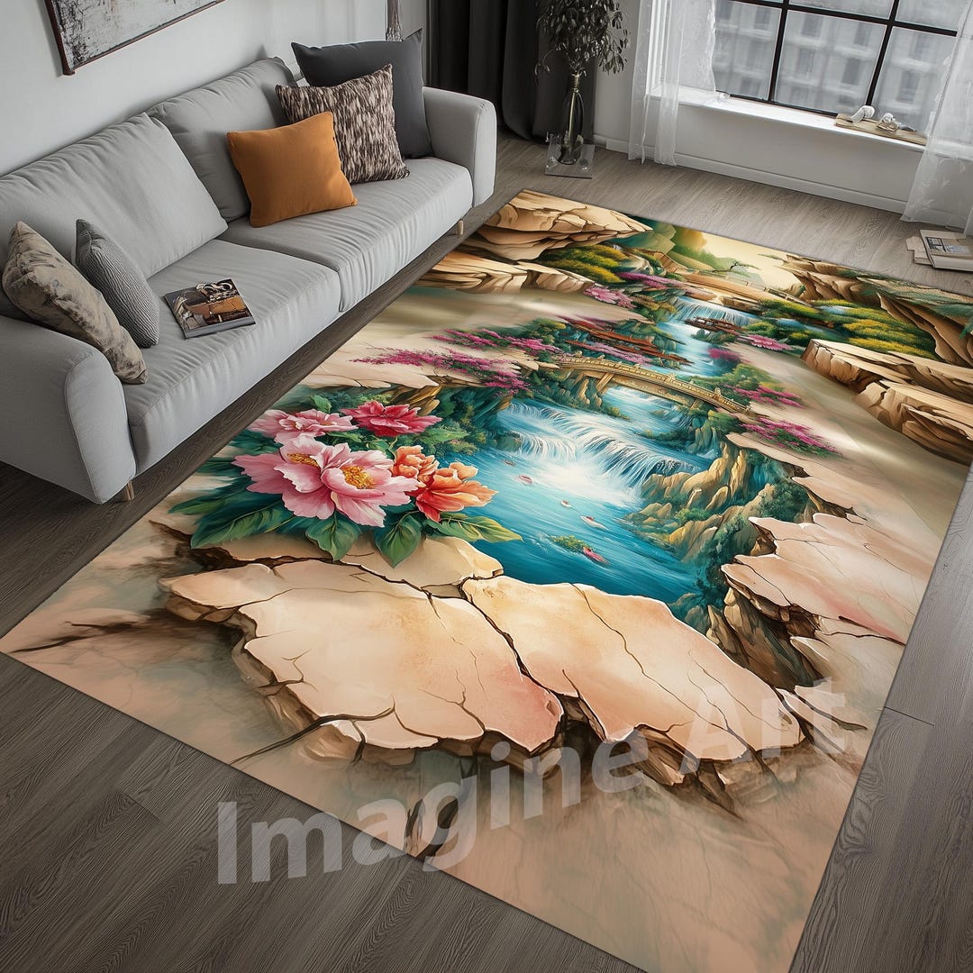 3D Floral Waterfall Rug: Optical Illusion Floor Art - Etsy