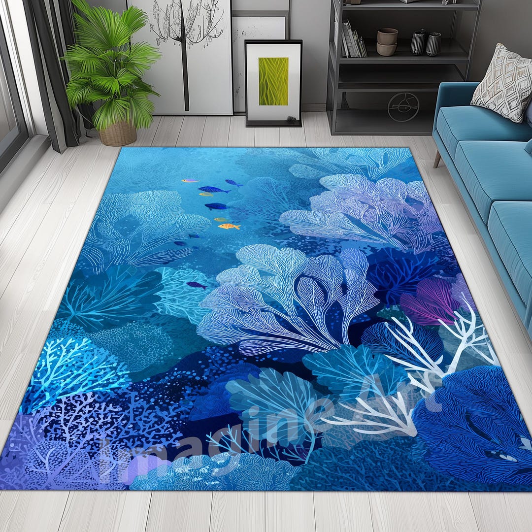 Matisse Underwater Coral Bloom Reef Pattern Rug, Seashells Coral Blue ...