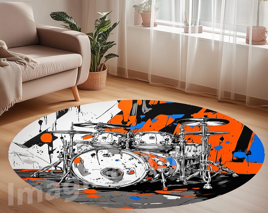 Round Drum Set Graffiti Look Rug, Round Drum Set Rug, Round Music Room ...