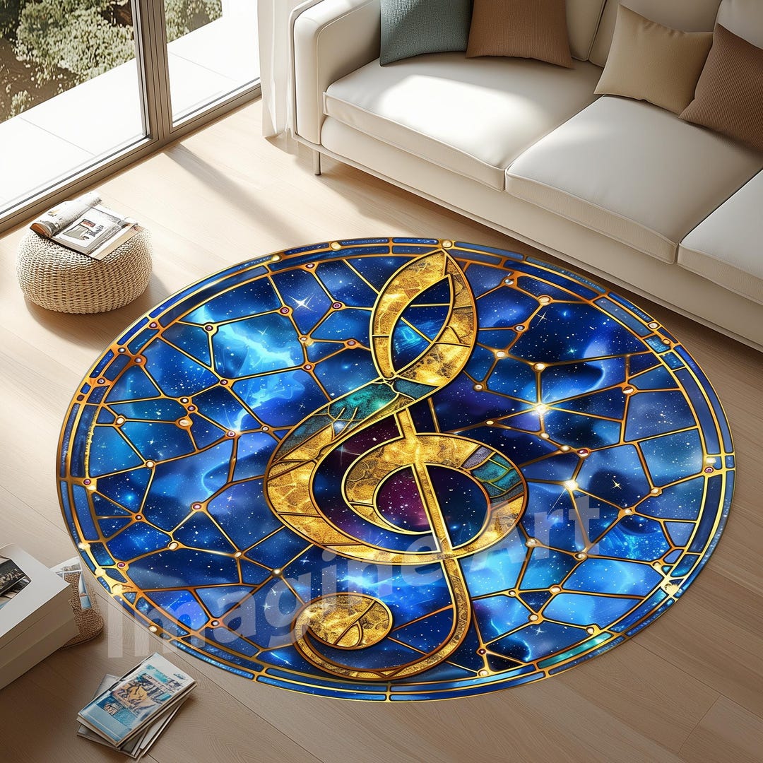 Round Stained Glass Musical Note Sign Rug, Round Music Room Rug, Round ...