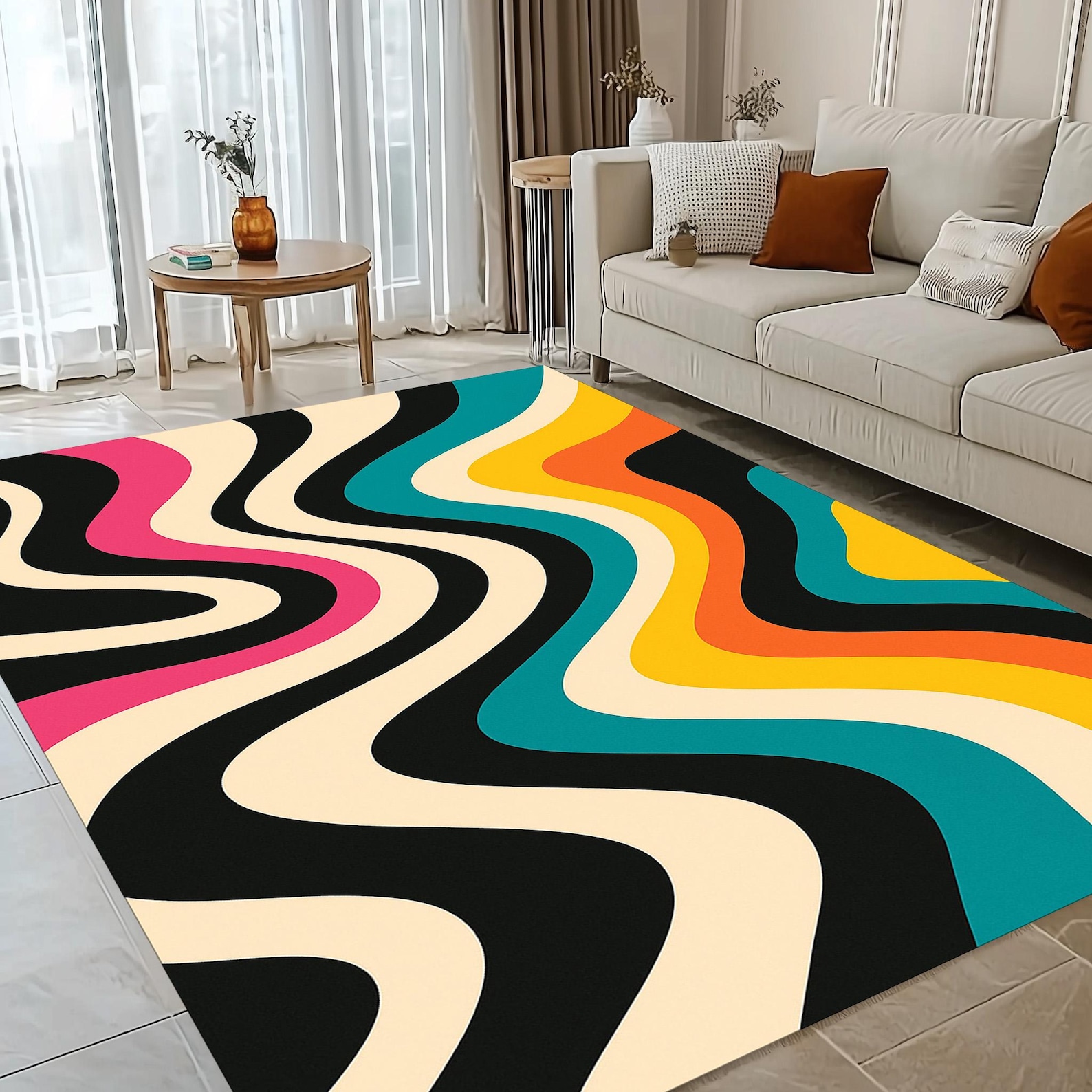 Retro Color Wave Rug, Funky Psychedelic Curve Rug, Groovy 70s Pop Art ...
