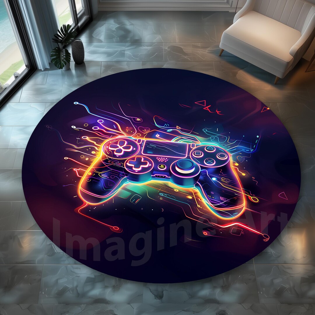 Gamer Round Rug: Colorful Game Console, Soft Velvet Pile - Etsy