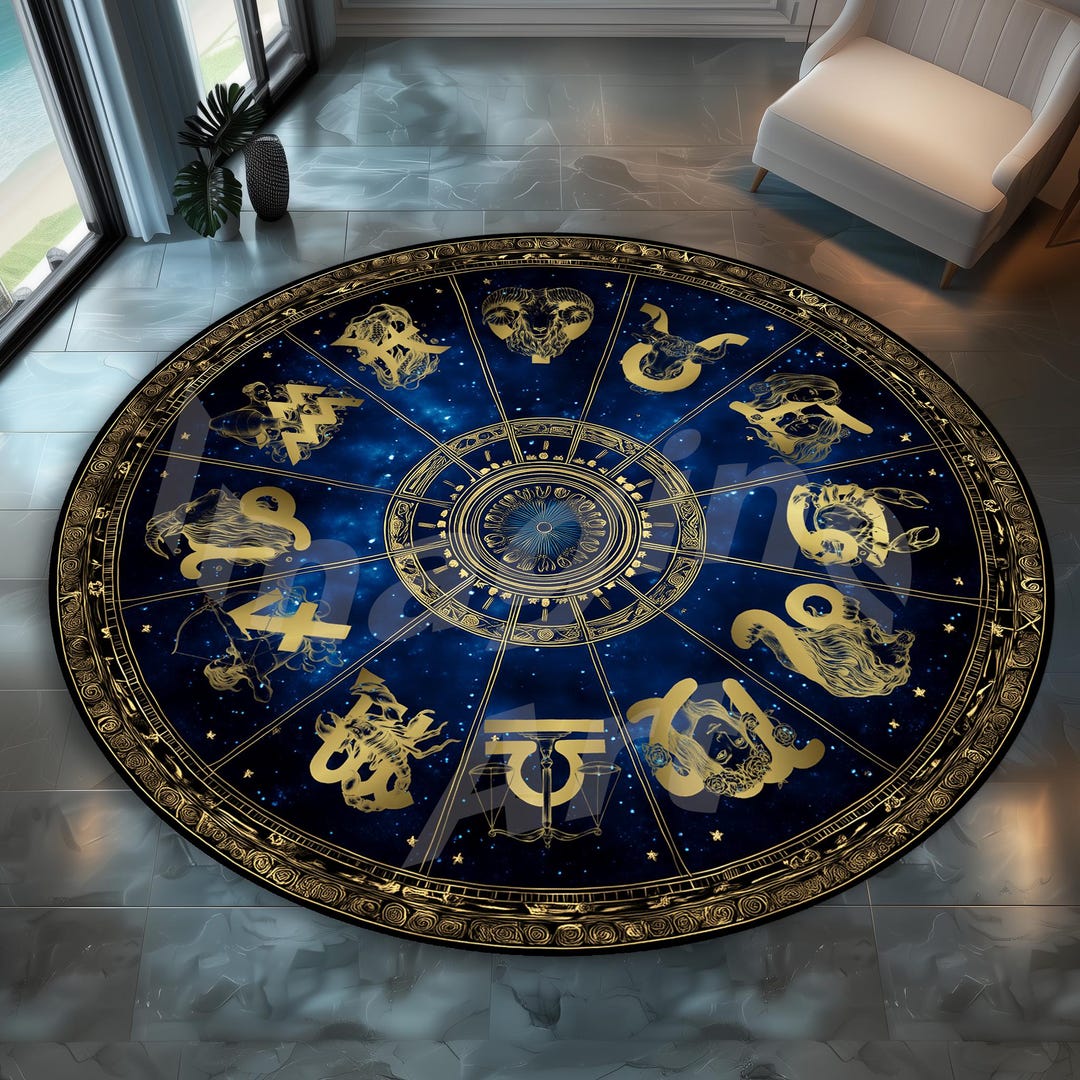 Zodiac Astrology Art Rug: Deep Blue, Gold Celestial Horoscope Special ...