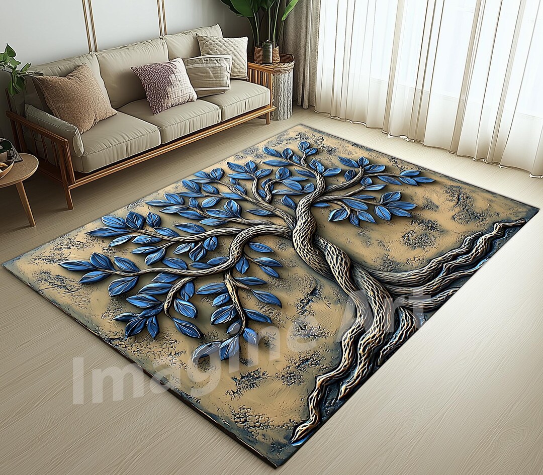 Blue Tree of Life Area Rug: Wood Carving Style, Concrete Look - Etsy