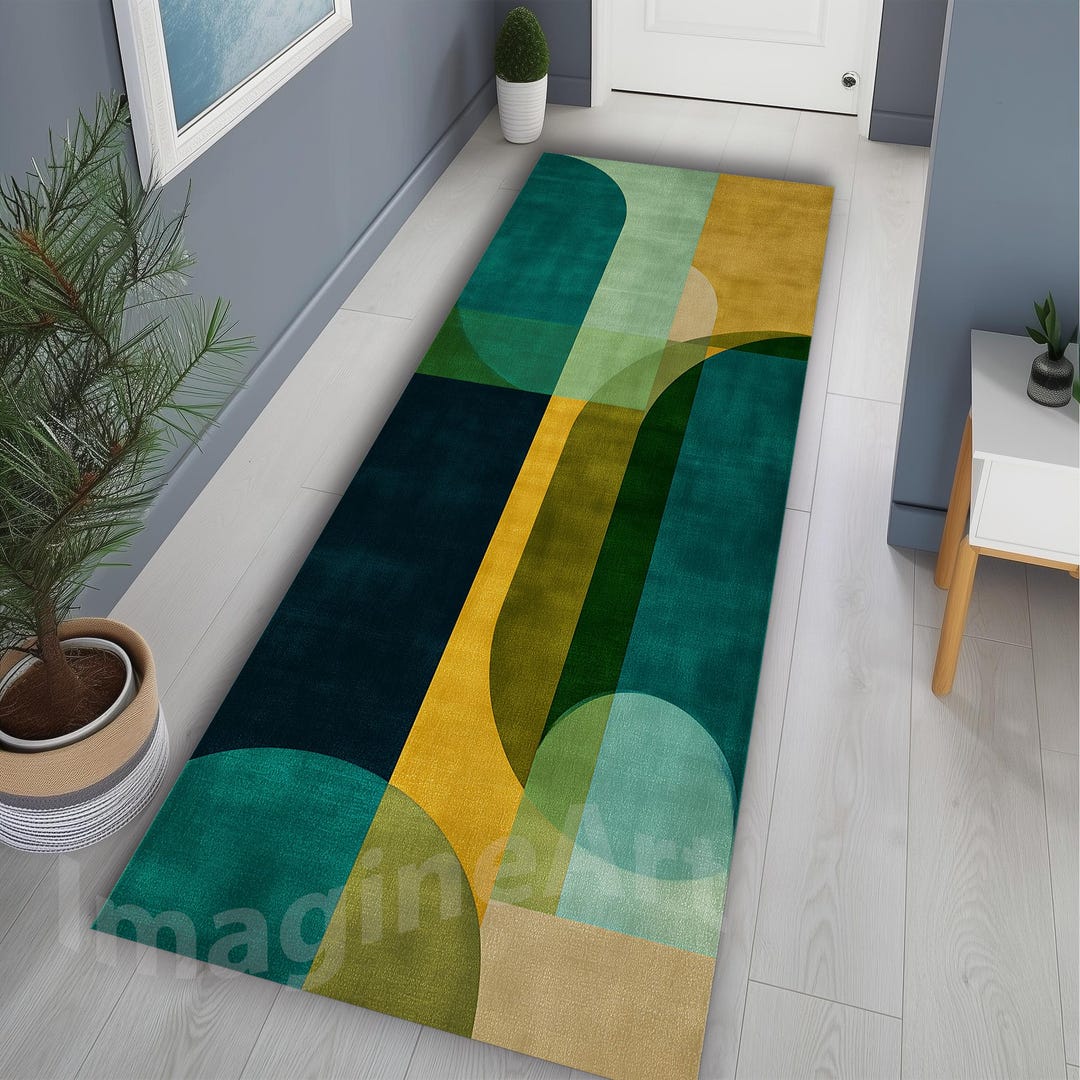 Teal Emerald Mid Century Runner Rug: Modern Art Deco - Etsy