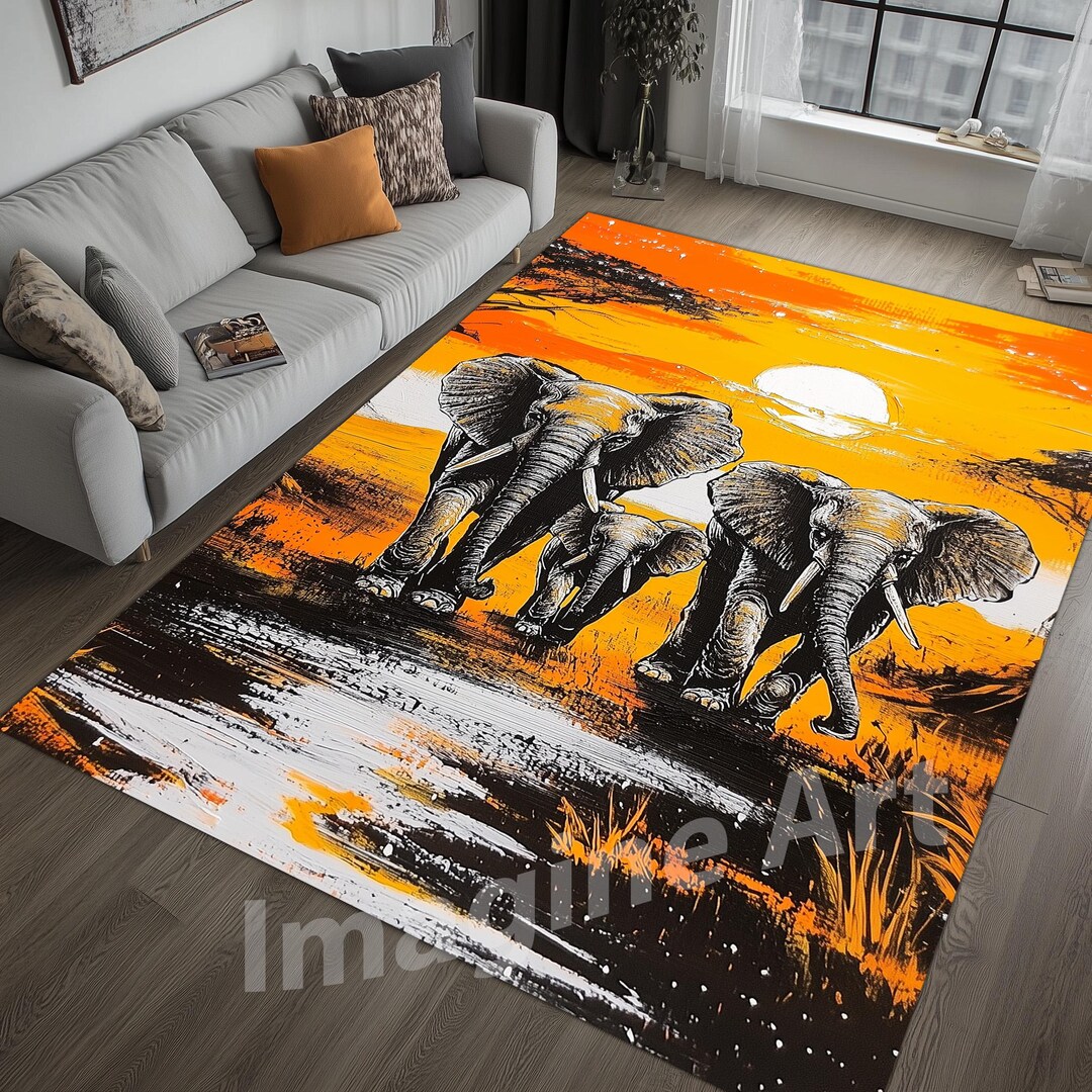 Elephant Family Rug, African Art Rug, African Print Rug, African Orange ...
