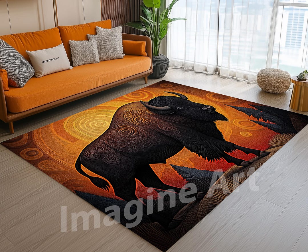 American Bison Area Rug, American Bison Rug, Floral Bison Rug, Cabin ...