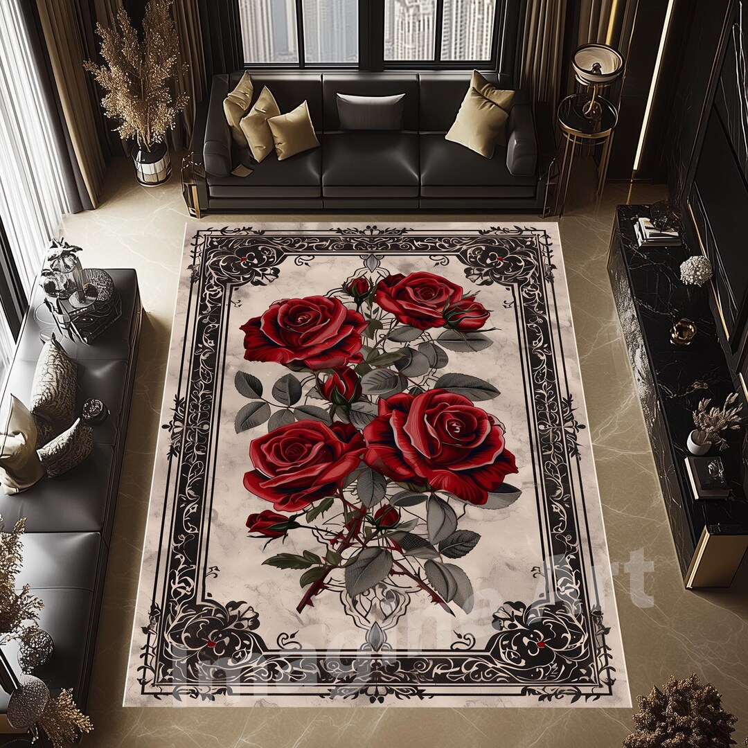 Red Roses Rug, Rustic Floral Area Rug, Roses Area Rug, Rose Rug ...