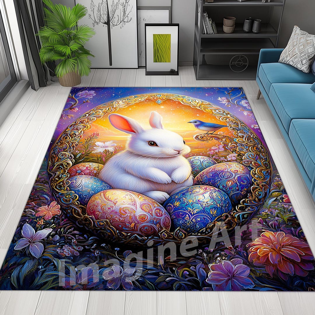 Easter Bunny Rug, Floral Bunny Area Rug, Easter Decor, Hare Area Rug ...