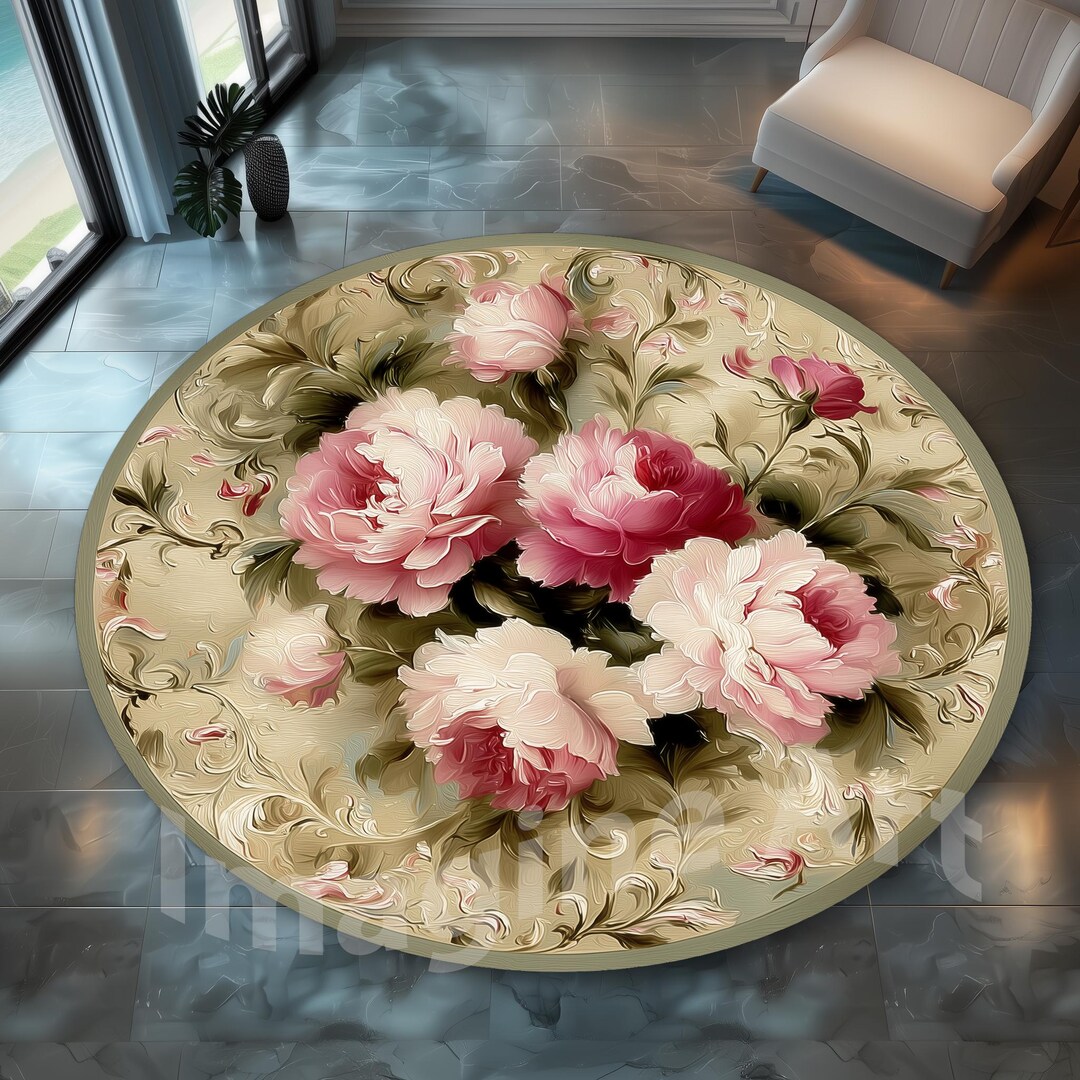 Round Pink Roses Rug: British Garden, Vintage Style, Oil Painted Design ...