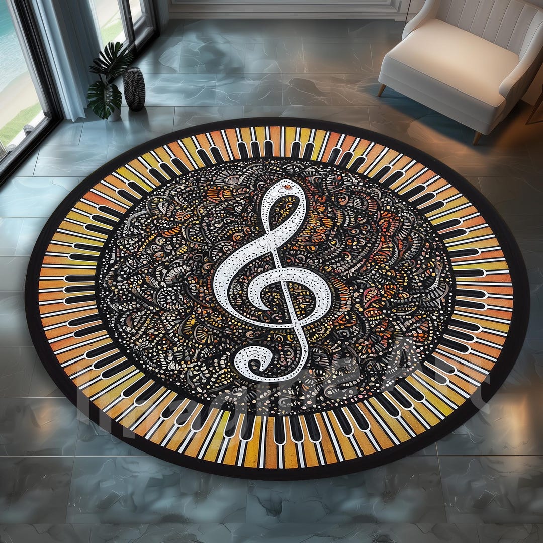 Retro Musical Notes Round Rug - Velvet Low Pile, Non-slip Cotton Base ...
