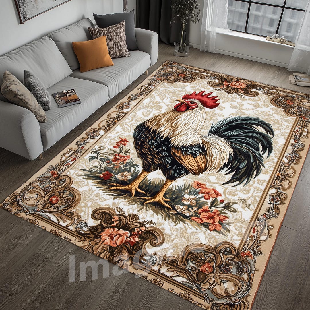 Rooster Decor, Rooster Area Rug, Floral Rooster Area Rug, Flowers and ...