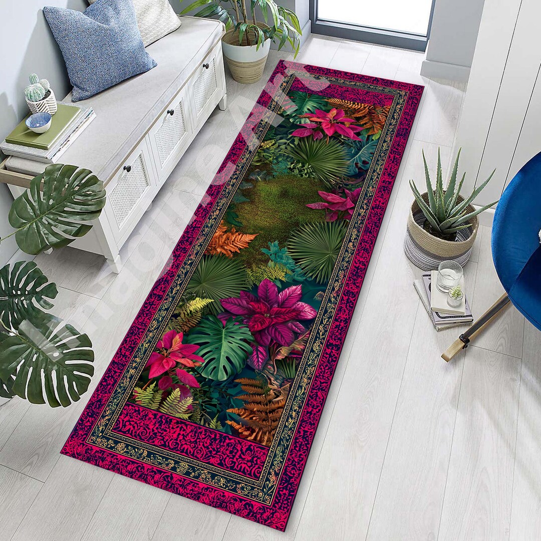 Rustic Fuchsia Tropical Long Rug: Exotic Fern, Modern Botanical Plants ...