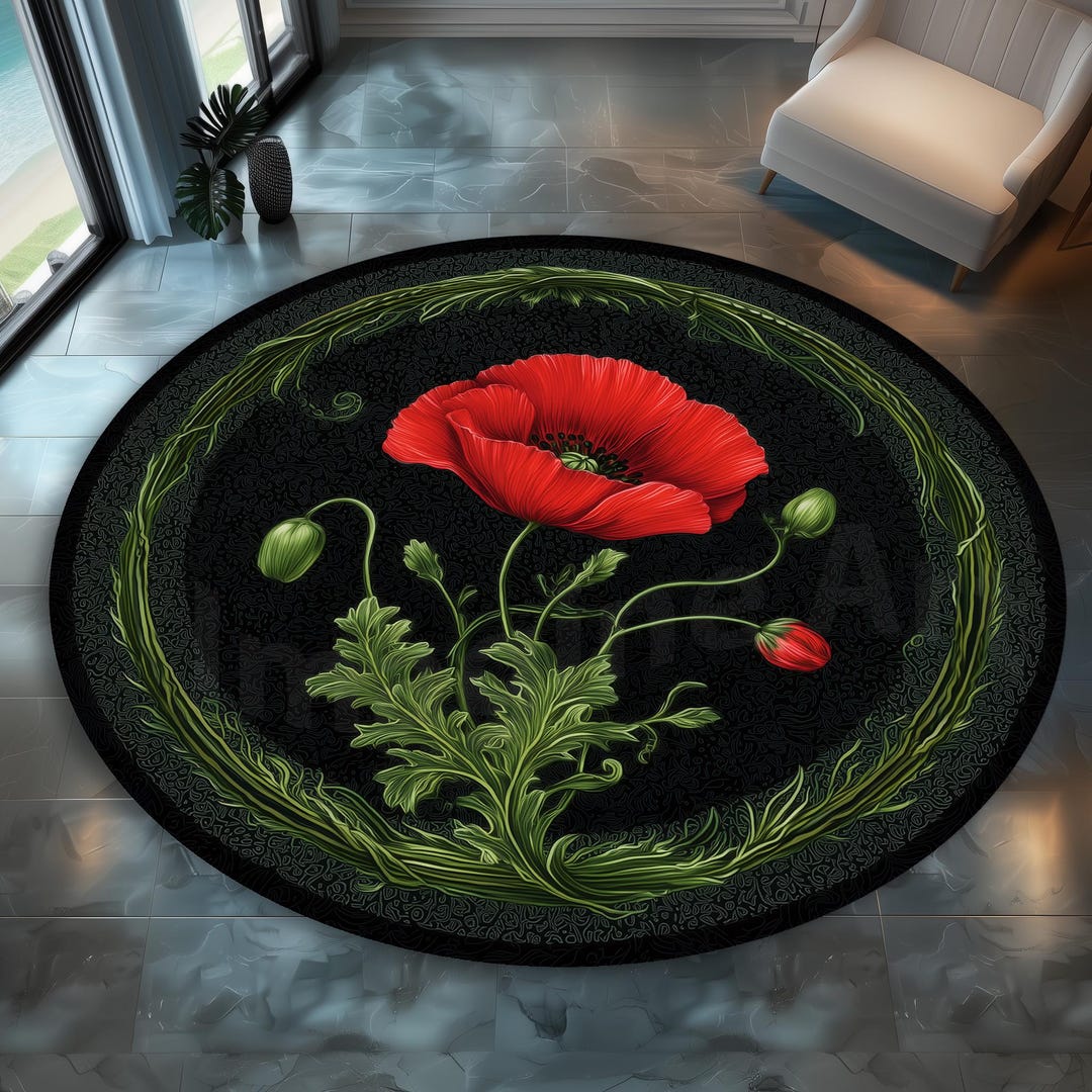 Red Poppy Flower Rug: Round Velvet, Floral Botanical Art - Etsy