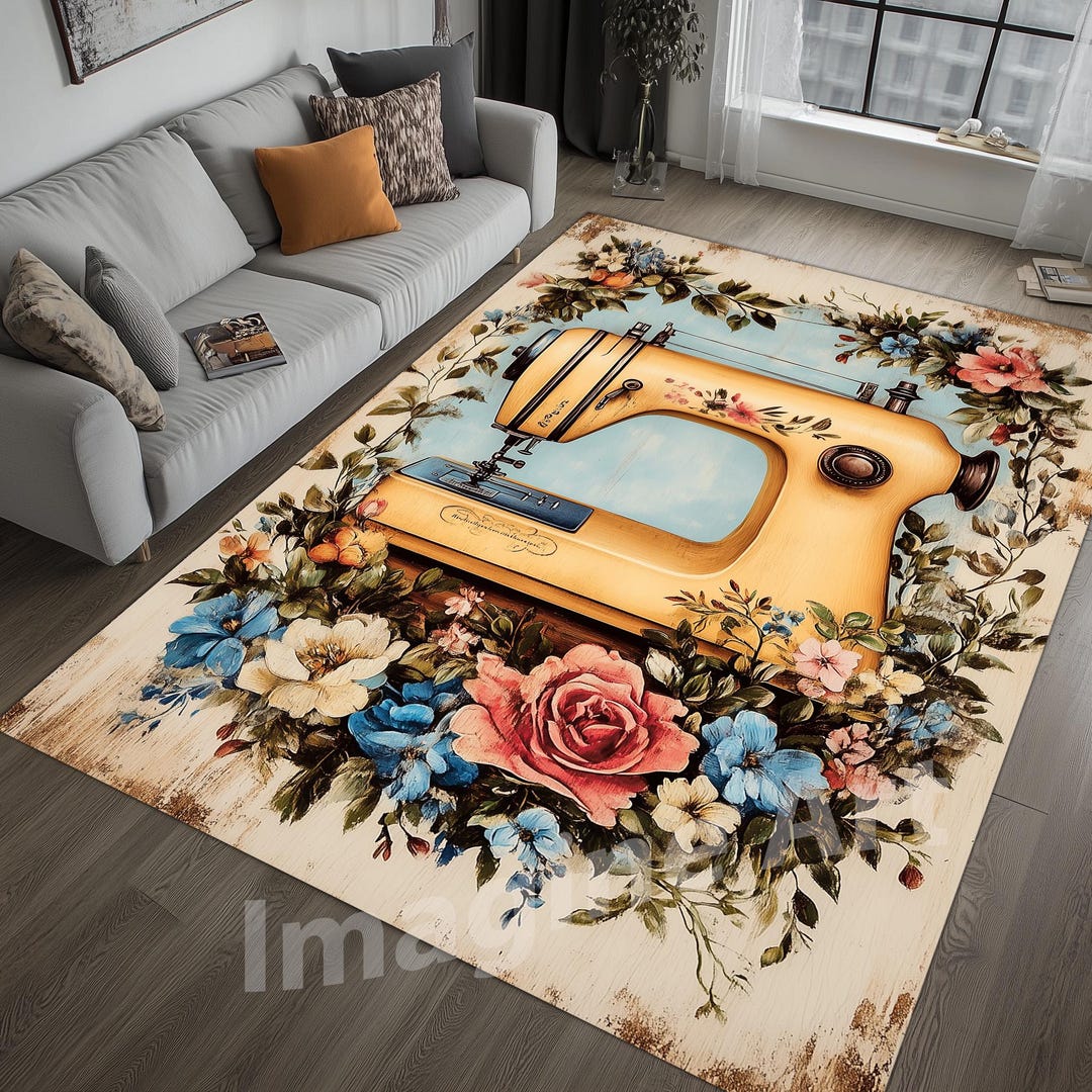Floral Sewing Machine Rug, Sewing Gift Area Rug, Boho Design Vintage ...