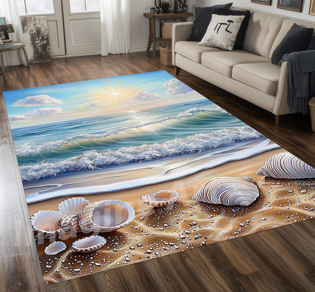 Seashells Area Rug, Sea Coastline Area Rug, Beach Rug, Sea Area Rug ...