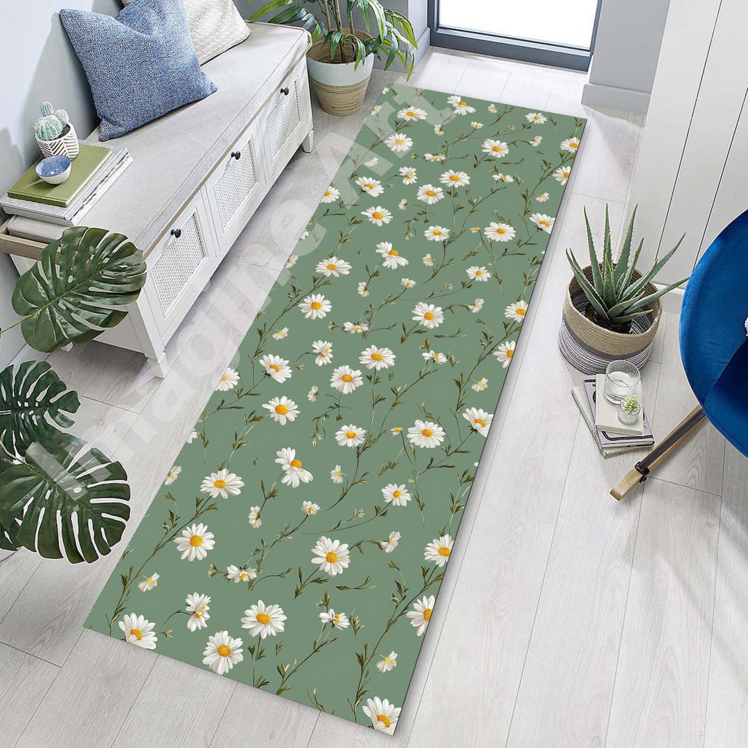 Daisy Runner Rug: Sage, Wild Floral, Botanical, Spring Decor - Etsy