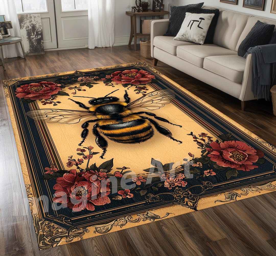 Floral Honey Bee Area Rug: Velvet Low Pile, Non-slip Cotton Base - Etsy