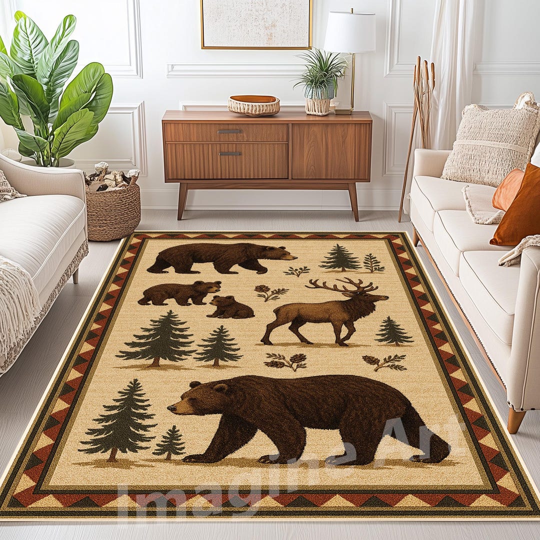 Rustic Wilderness Rug Featuring Grizzly Bears, Elk, Pine Trees, and ...