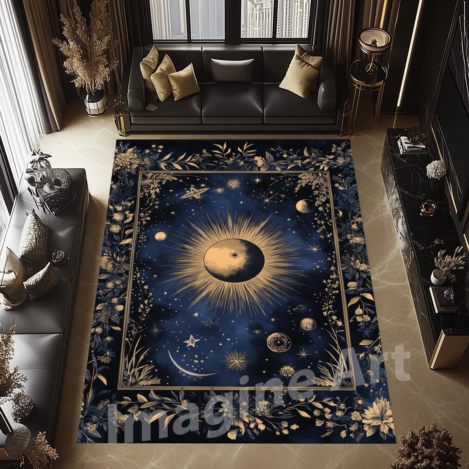 Floral Celestial Sun Area Rug, Blue Color Moon Rug, Celestial Area Rug ...