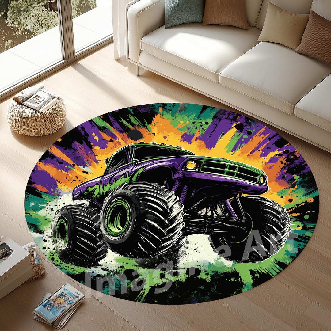 Round Monster Truck Rug, Round Boys Room Rug, Round Kids Play Rug, Boy ...