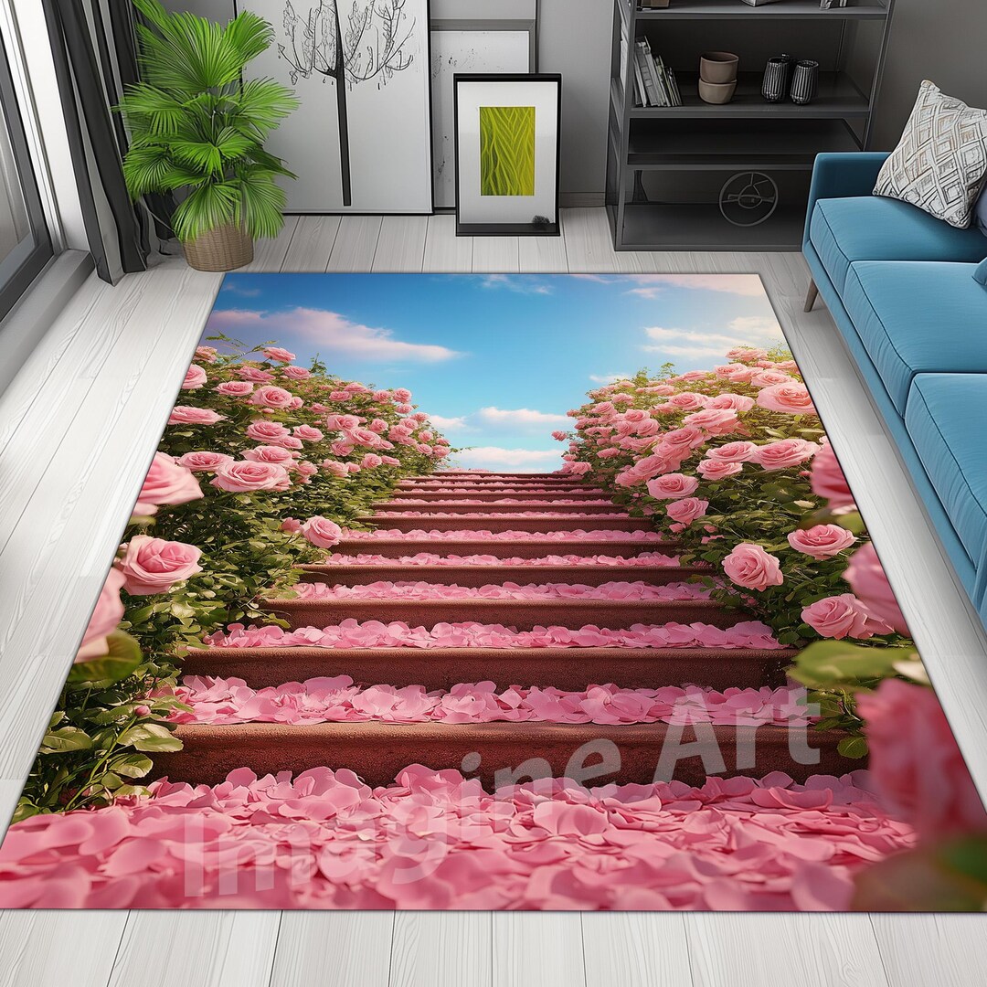 Pink Roses Staircase Rug: Floral Garden Path Area Rug - Etsy