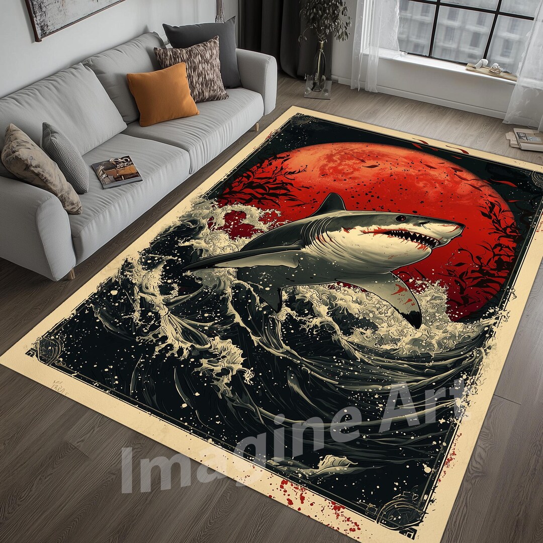 Bloody Moon Shark Rug, Scary Shark Area Rug, Shark Ocean Rug, Sea Rug ...