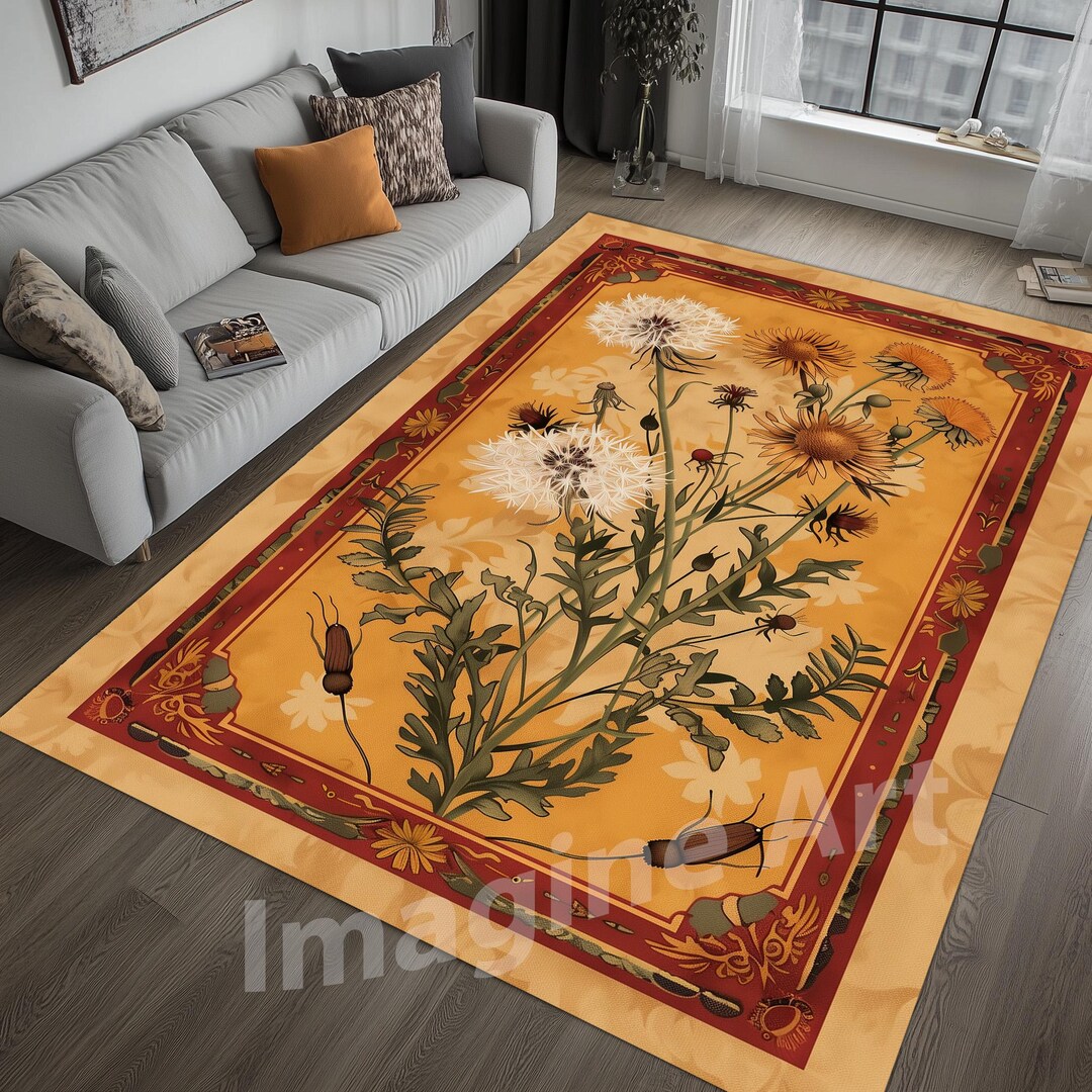 Dandelion Floral Area Rug: Retro Orange Velvet, Non-slip Cotton Base - Etsy