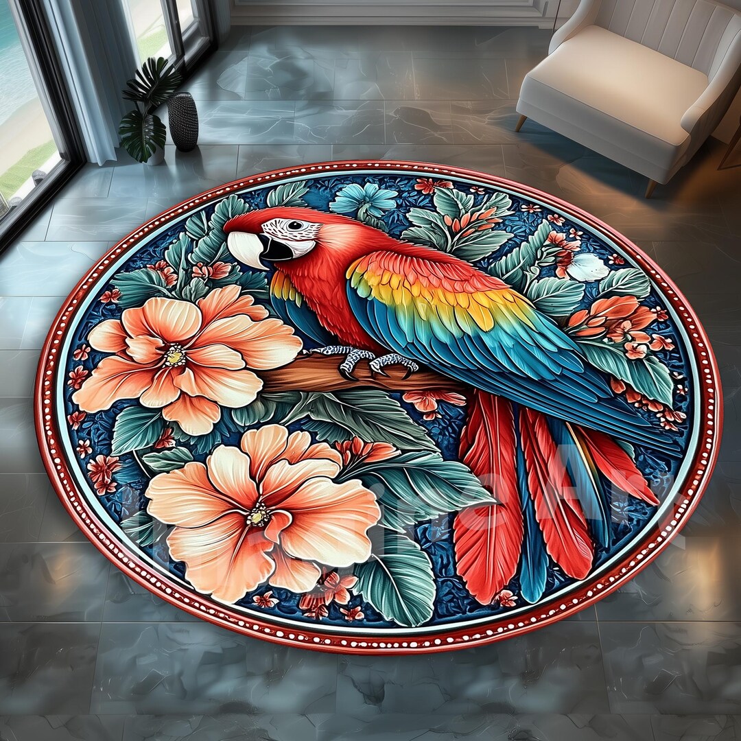 Round Parrot Rug: Floral Macaw Print, Velvet Low Pile - Etsy