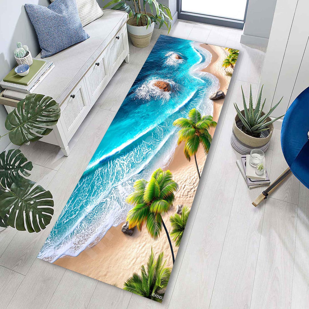 Tropical Beach Runner Rug: Vibrant Palm Tree Sea Design - Etsy