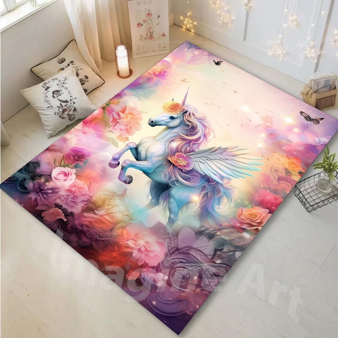 Unicorn Rug: Fairy Pink, Floral Design Girls Room Decor - Etsy