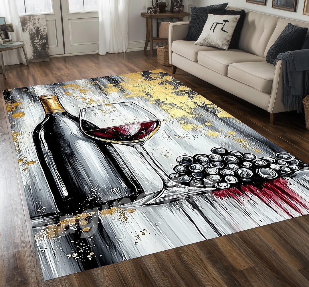 Red Wine Area Rug, Wine Bottle and Glasses Area Rug, Silver Color Wine ...