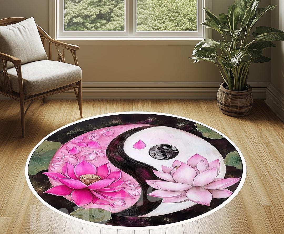 Pink Lotus Yin and Yang Round Rug, Round Lotus Rug, Round Floral Yin ...