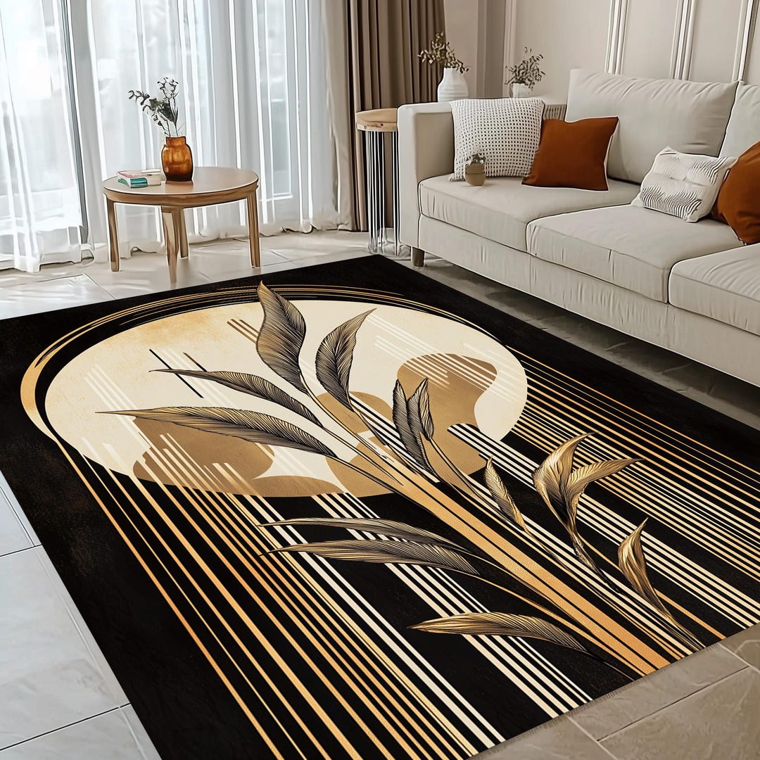 Art Deco Style Floral Area Rug, Art Deco Area Rug, Black Art Deco Rug ...