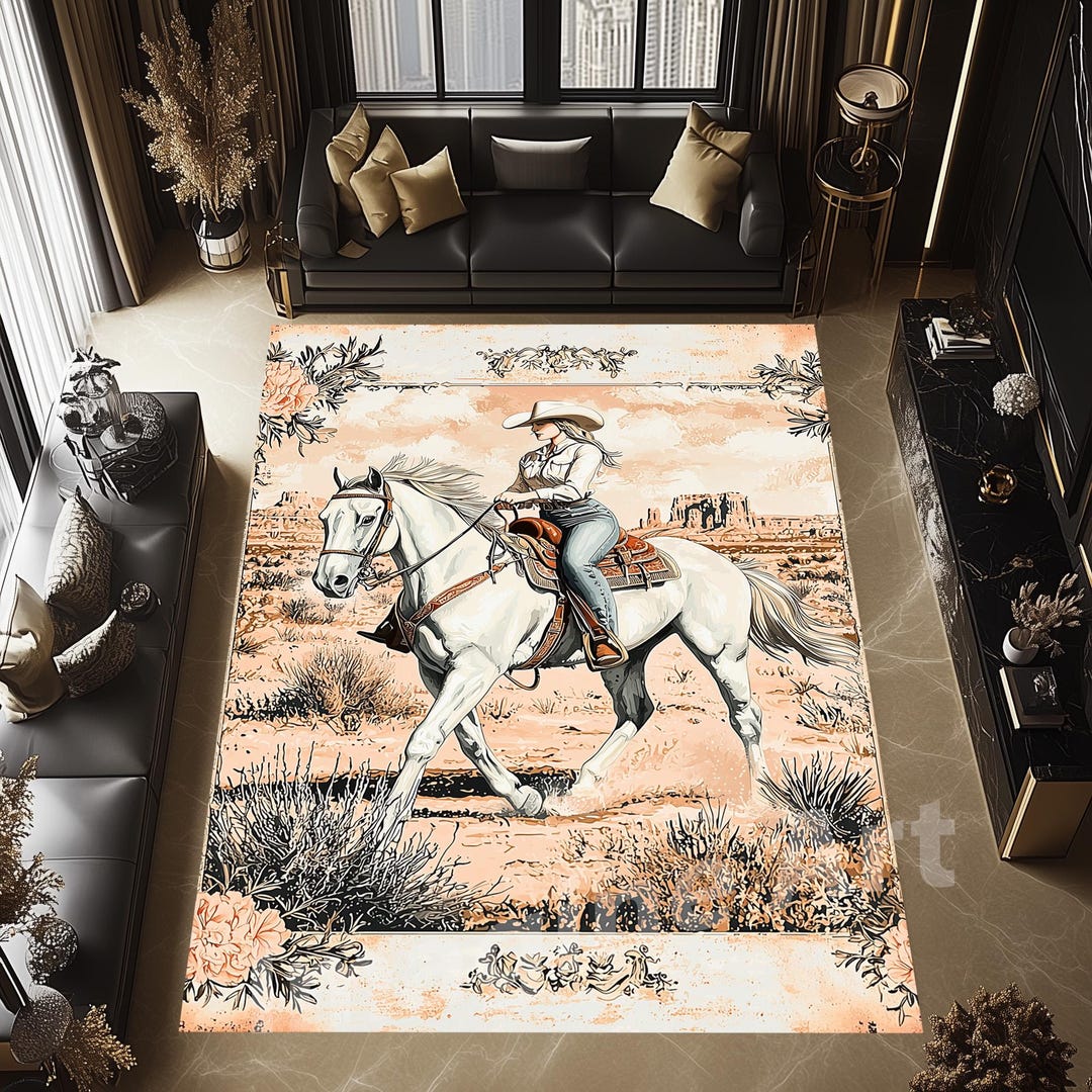 Retro Look Cowgirl Area Rug, Retro Cowboy Rug, Western Rug, Western ...
