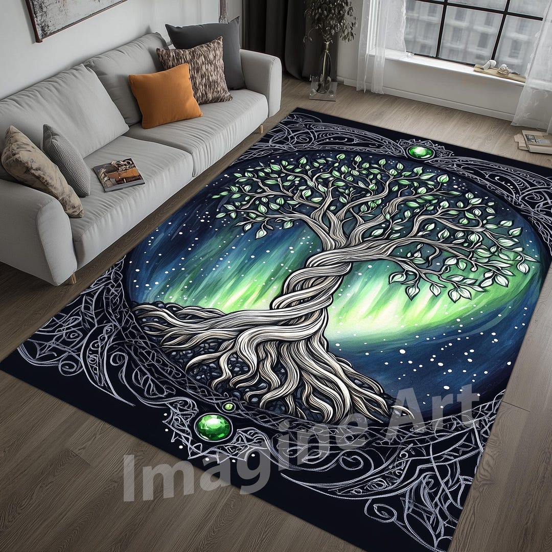 Tree of Life With Roots Area Rug, Emerald Color Tree Rug, Leaves Rug ...