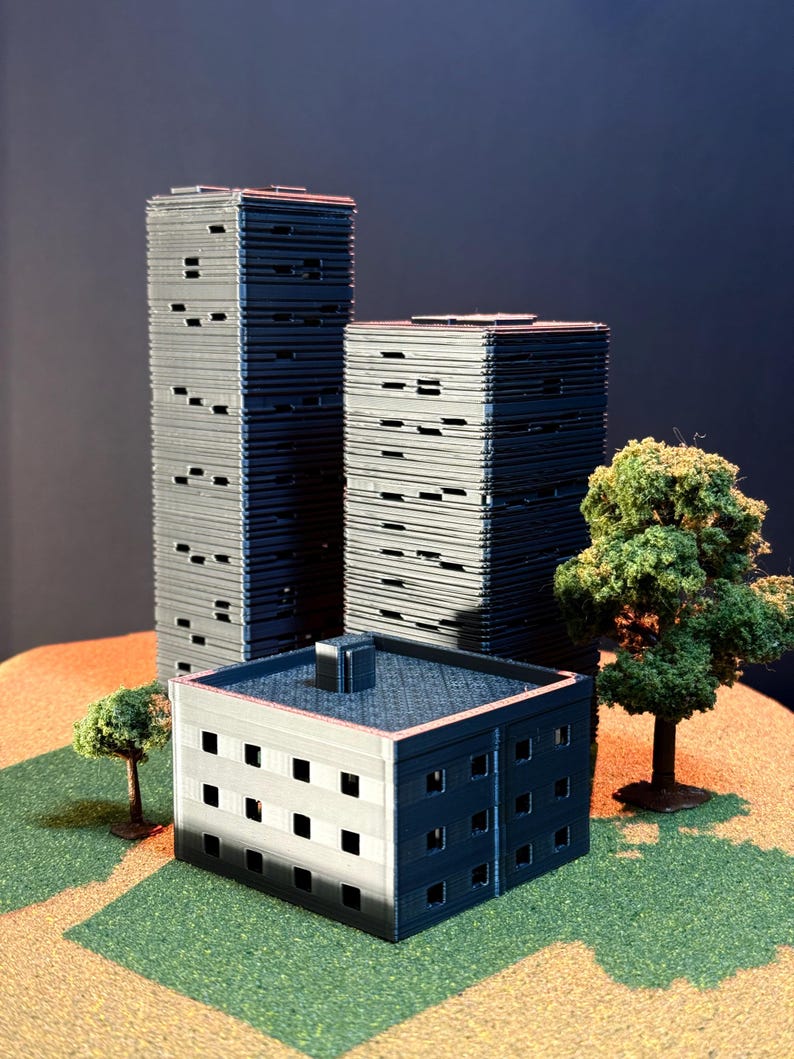 Miniature City Building Set: 3D Printed Gray Scale Model, Kaiju Display ...