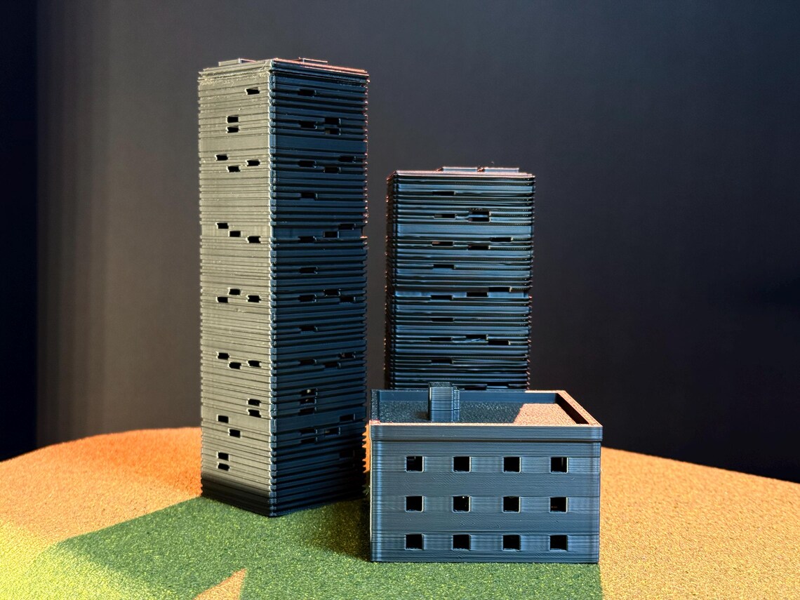 Miniature City Building Set: 3D Printed Gray Scale Model, Kaiju Display ...