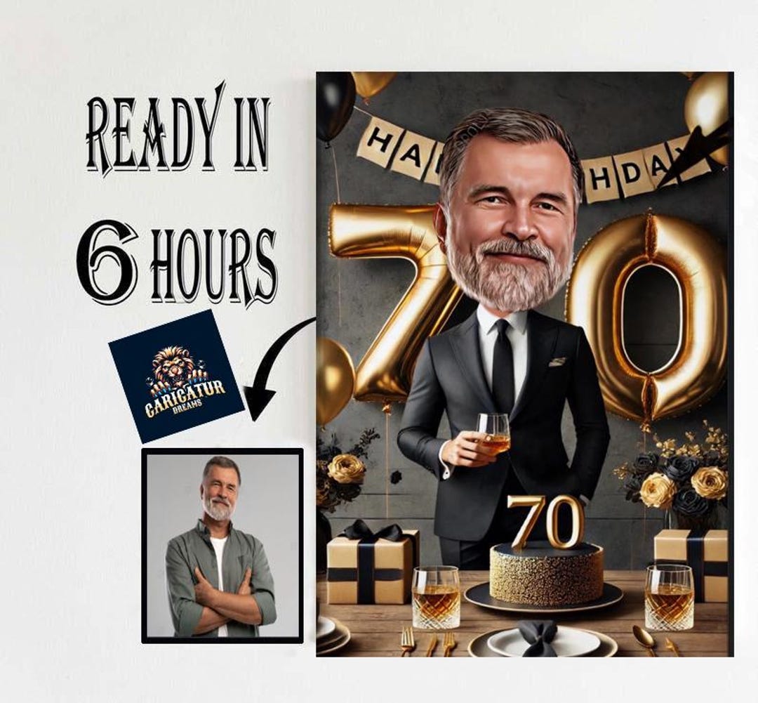 Personalized 70th Birthday Caricature: Custom Cartoon Portrait Gift - Etsy