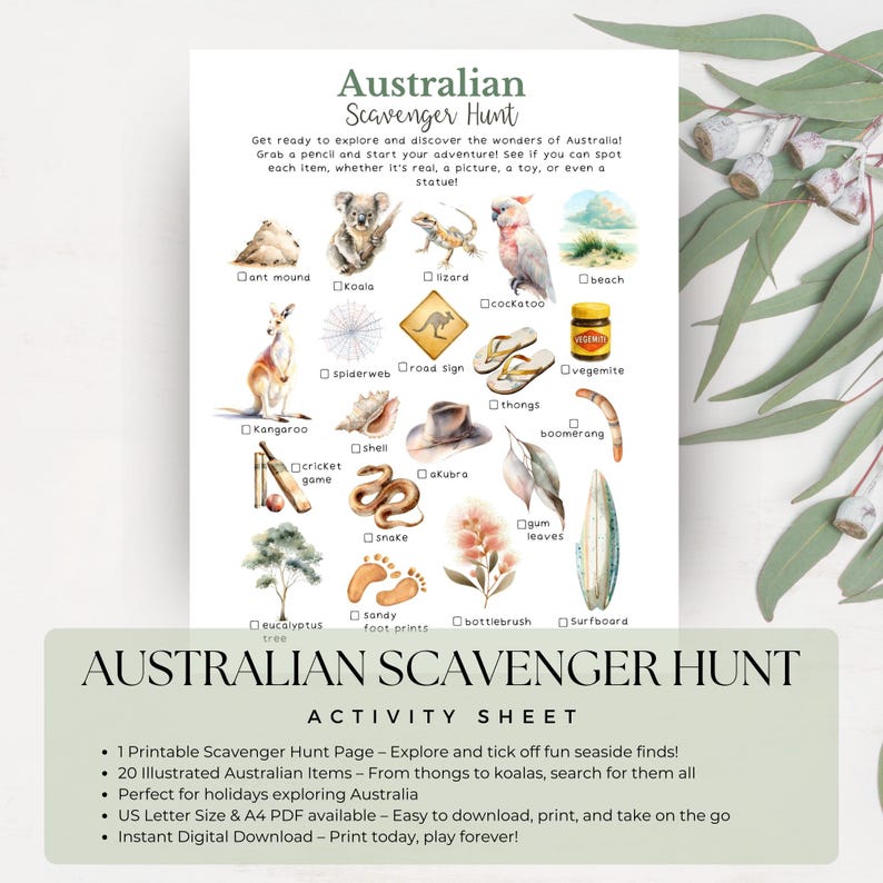 Australian Scavenger Hunt, Holiday Travel Activity Printable, Scavenger ...
