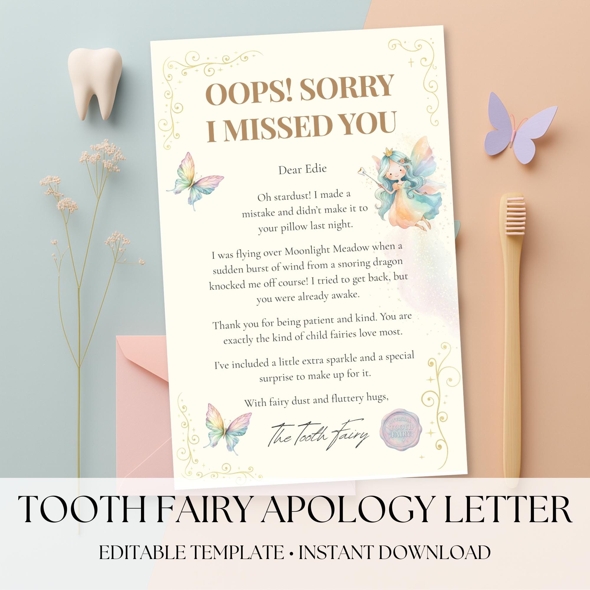 Tooth Fairy Note Apology, Pink Fairy, Letter Canva Template, Printable ...