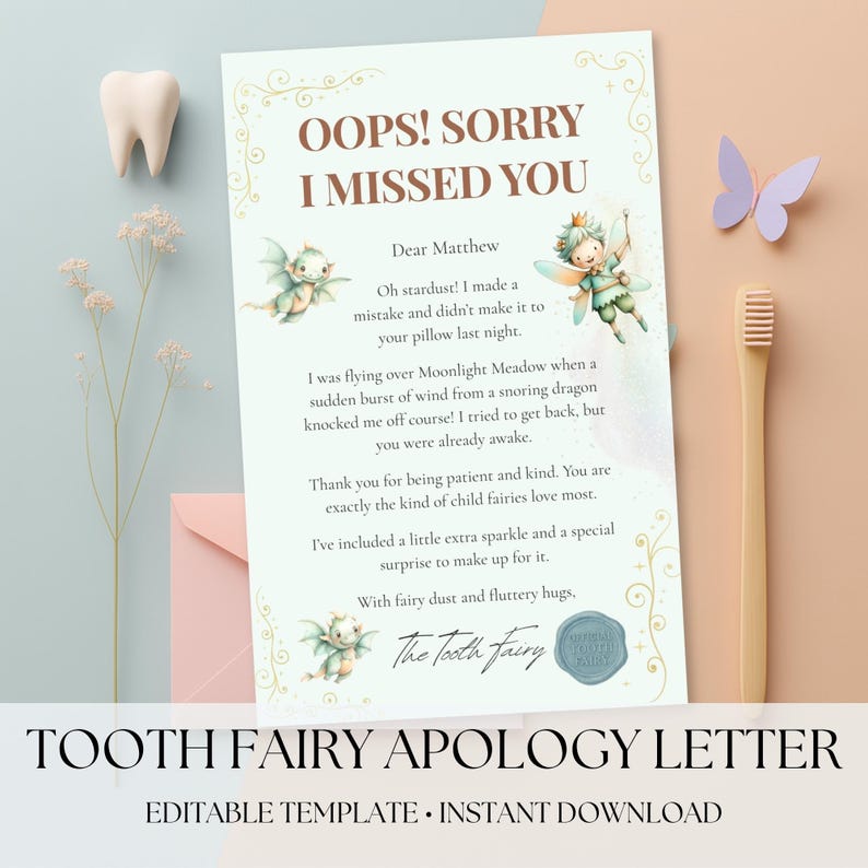 Tooth Fairy Note Apology, Blue Fairy, Letter Canva Template, Printable ...