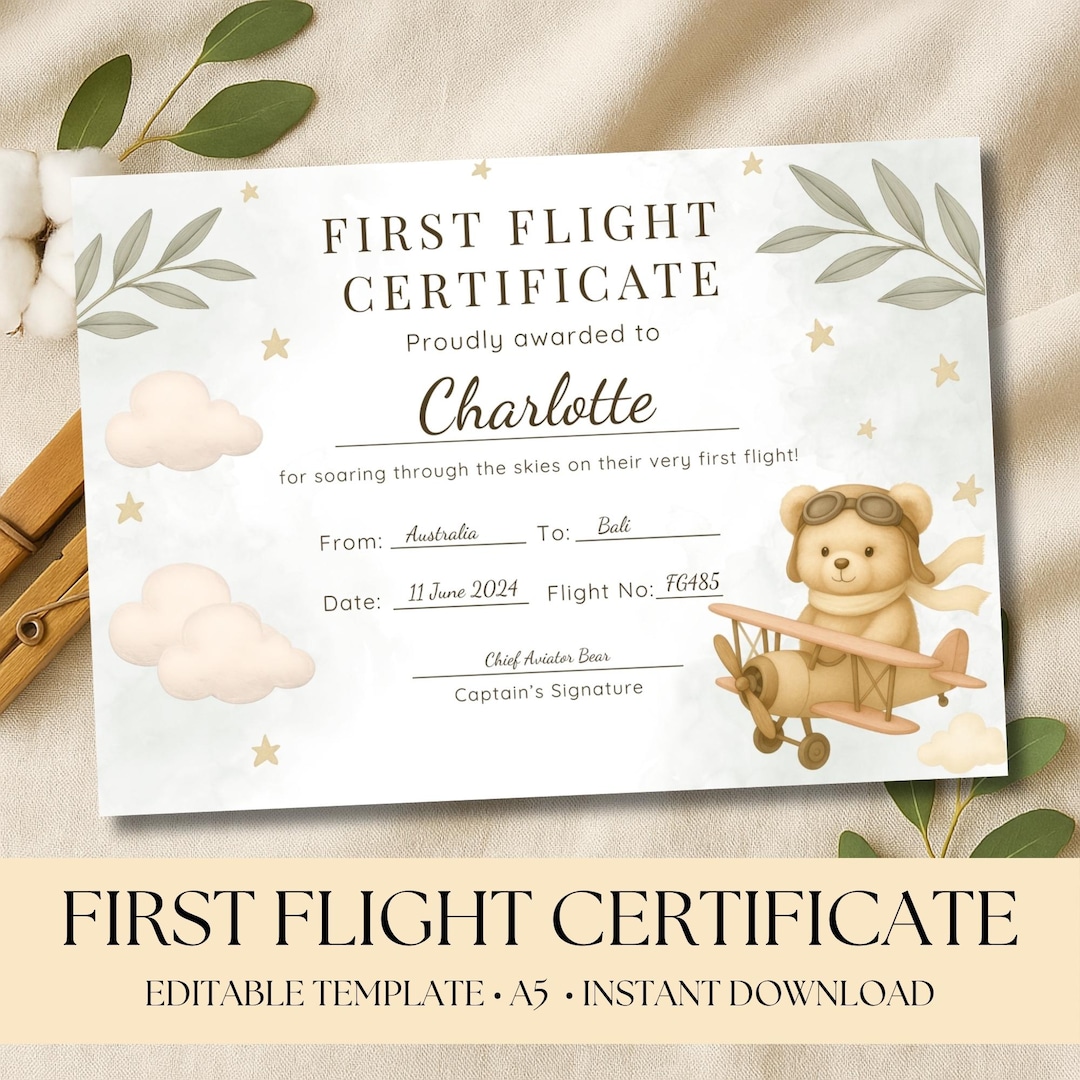 My First Flight Certificate for Kids, Award, Vacation Gift, Editable ...