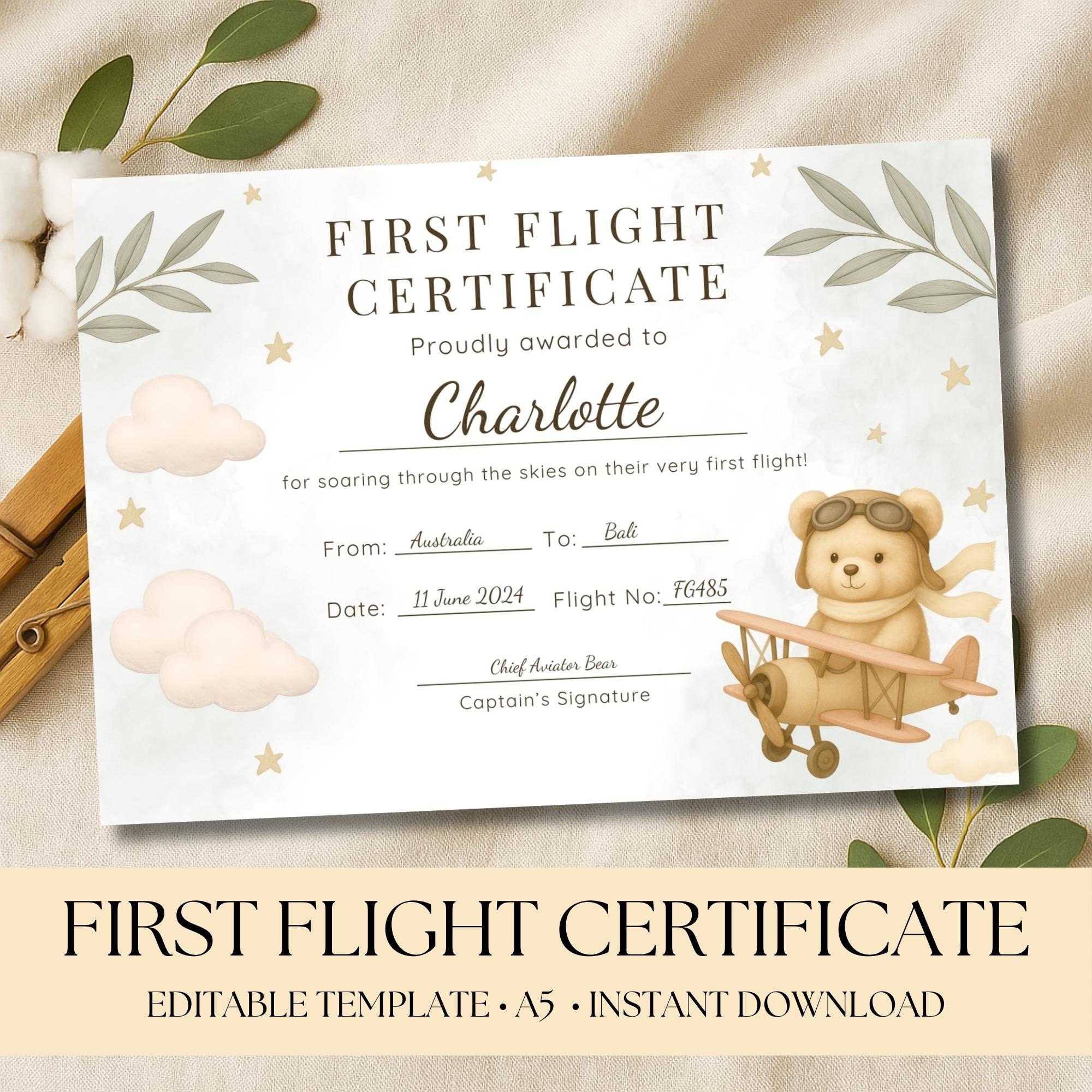 My First Flight Certificate for Kids, Award, Vacation Gift, Editable ...