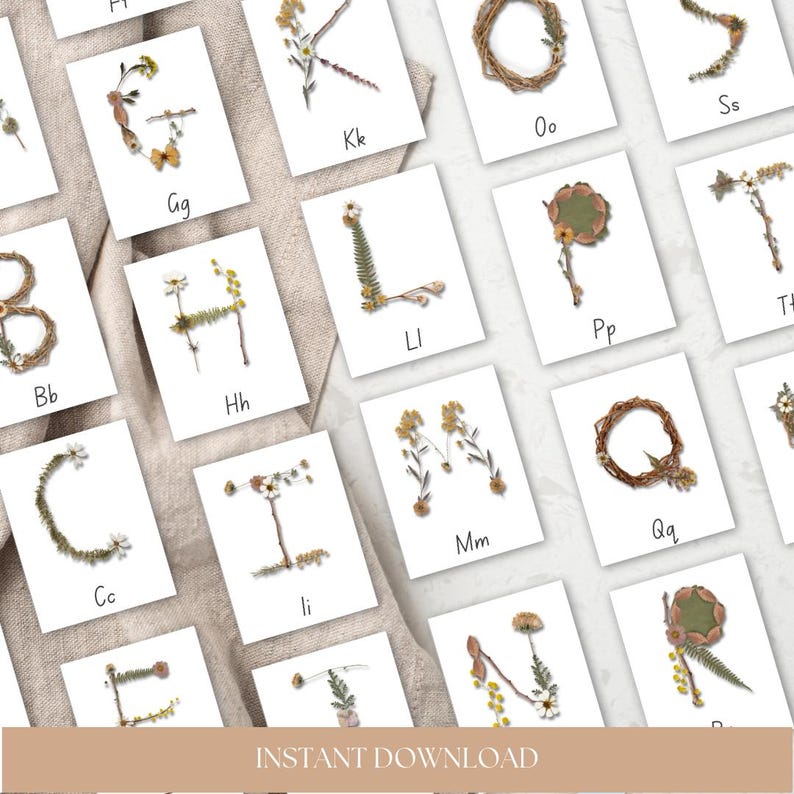 Alphabet Cards, Flash Cards, Digital Download, Floral Flash Cards ...