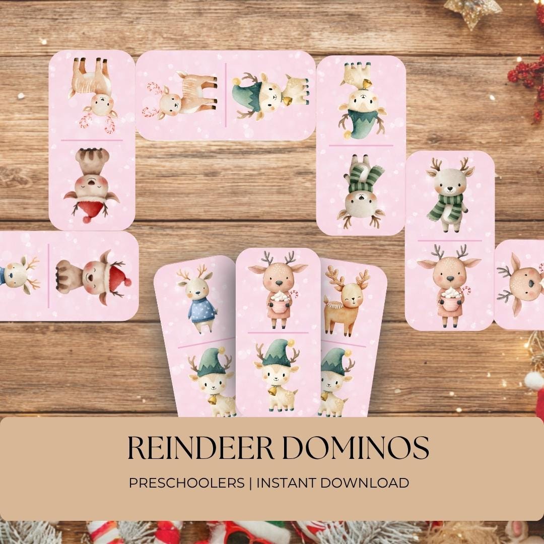 Reindeer Domino Cards Printable, Preschool Matching Game, Christmas ...