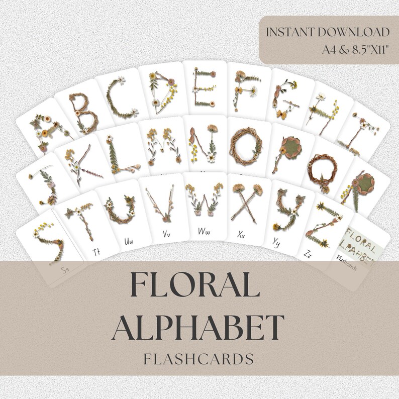 Alphabet Cards, Flash Cards, Digital Download, Floral Flash Cards ...