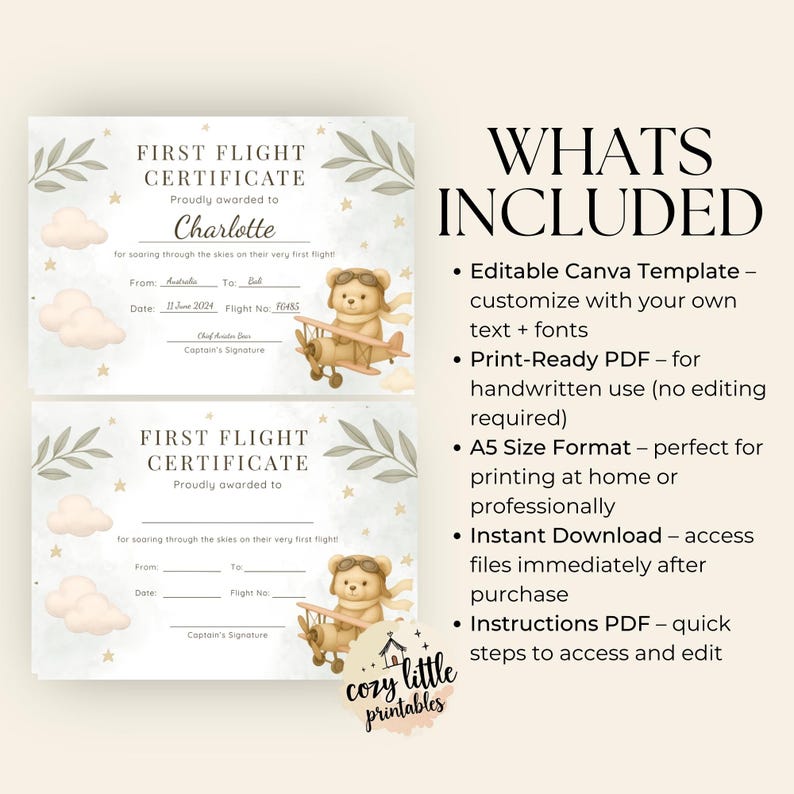 My First Flight Certificate for Kids, Award, Vacation Gift, Editable ...