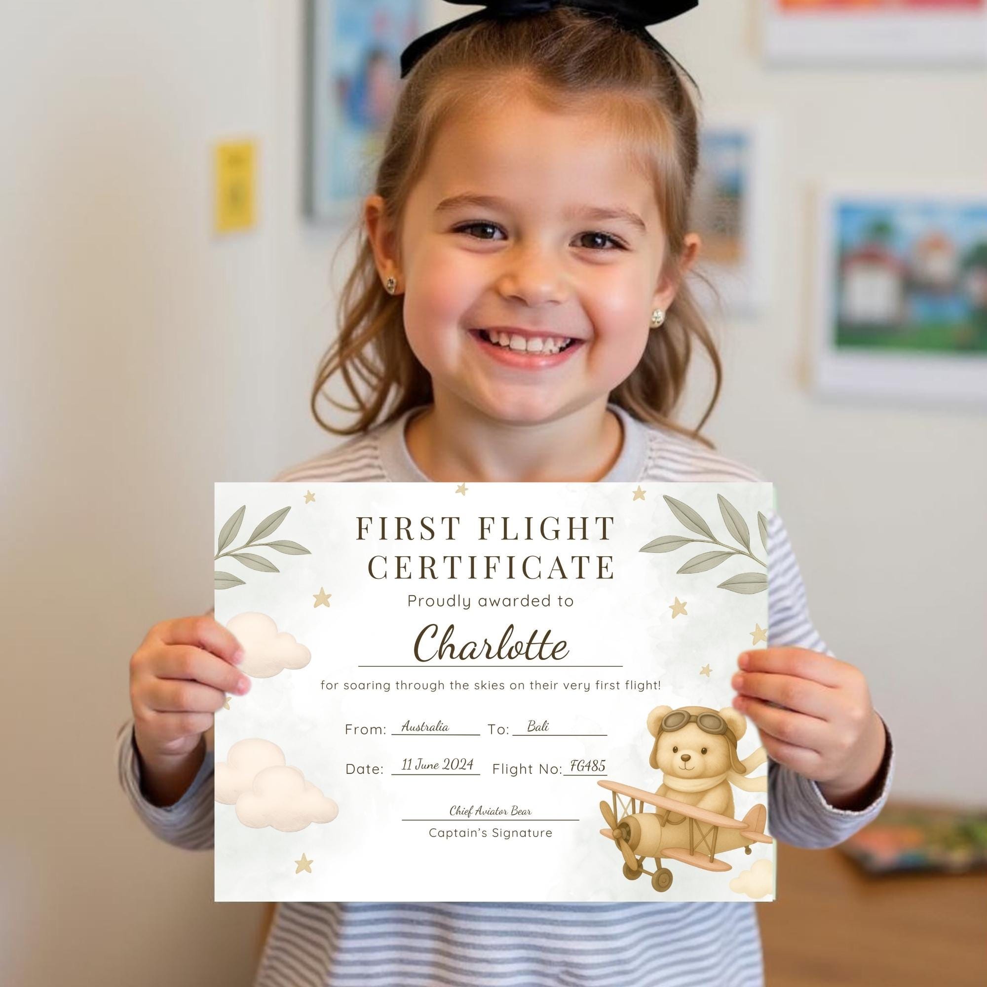 My First Flight Certificate for Kids, Award, Vacation Gift, Editable ...