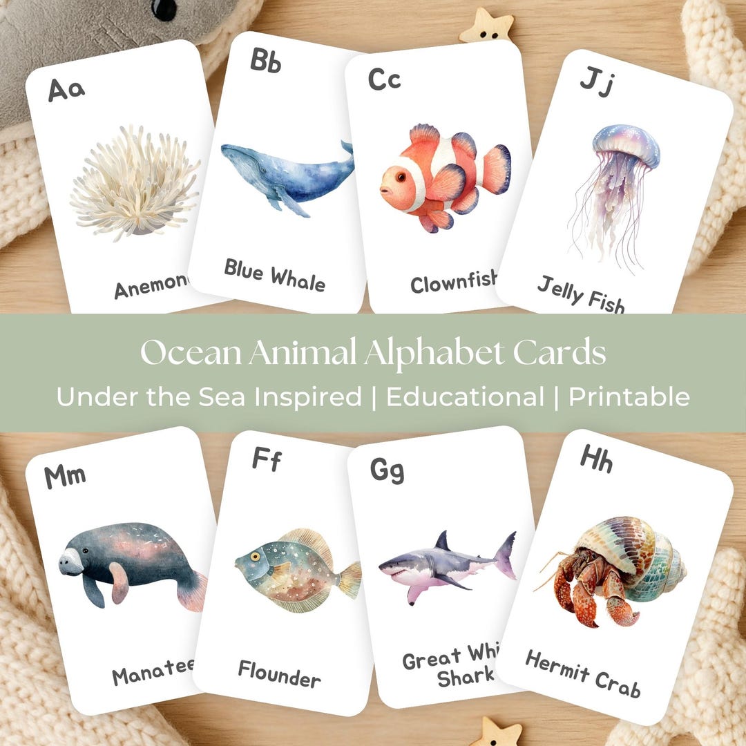 Ocean Animals Alphabet Flashcards, A–Z Sea Creature Printable Cards for ...